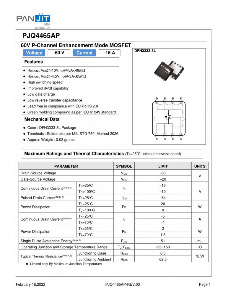 PJQ4465AP datasheet page 1