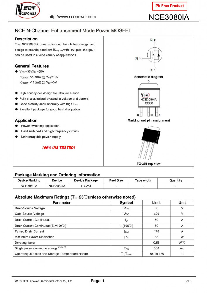 NCE3080IA datasheet page 1