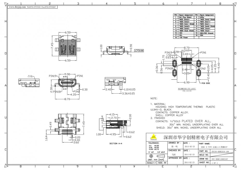 HOAUC HYC04-HDMID19-100 technical drawing