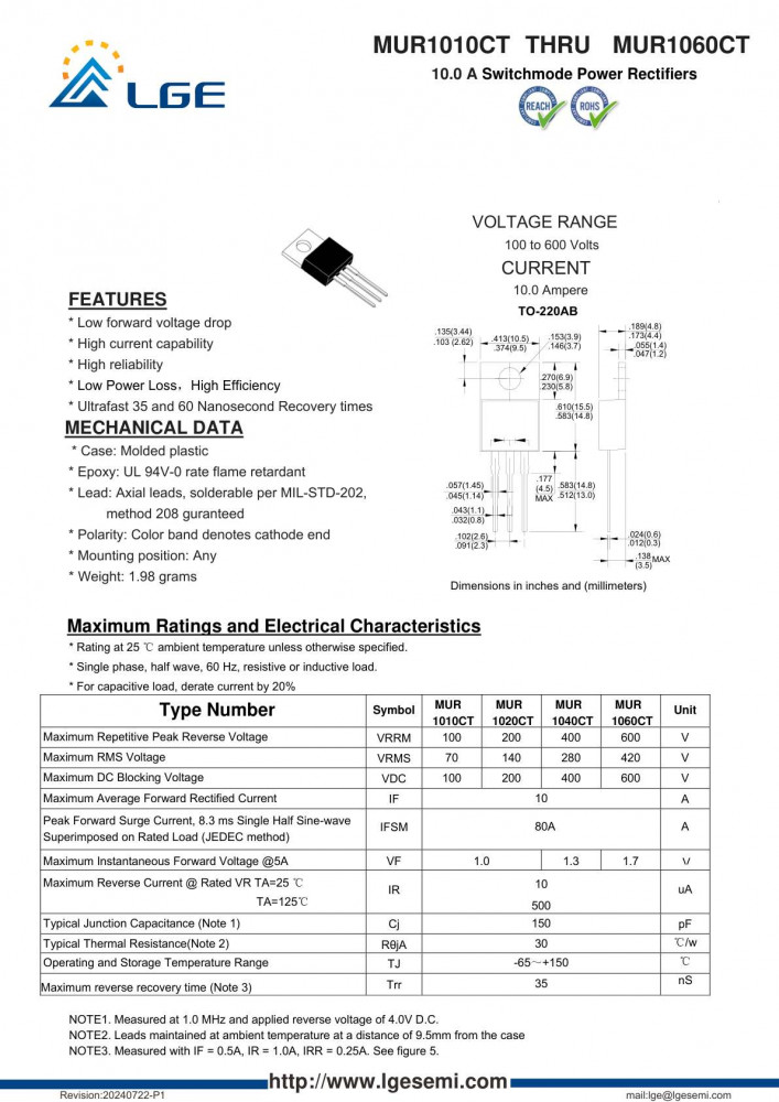 LGE MUR1040CT datasheet page 1