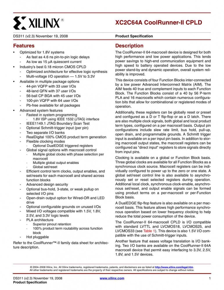 XC2C64A datasheet page 1