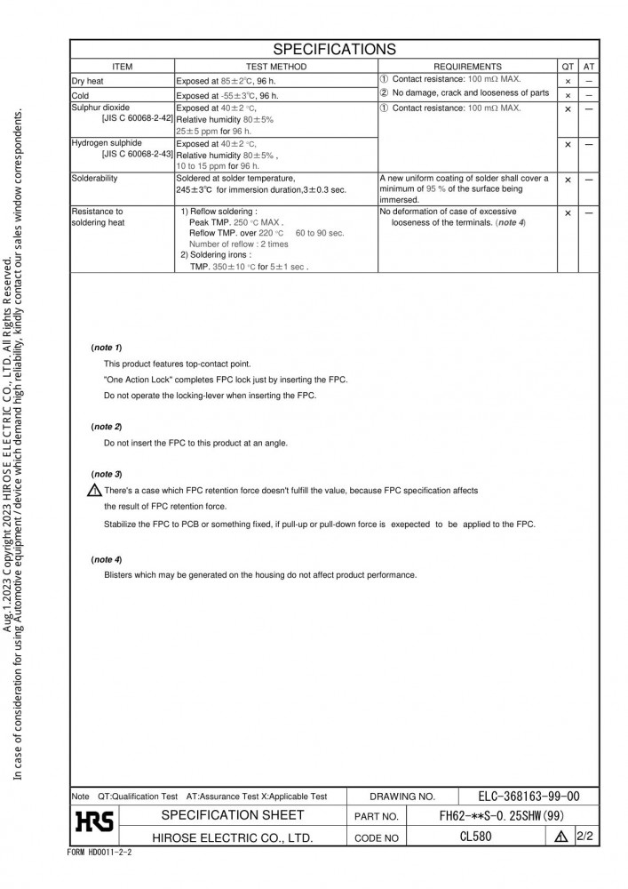 HRS FH62 specification sheet page 2