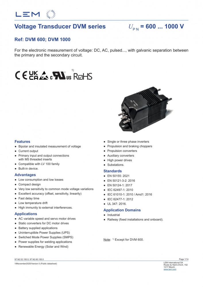 LEM DVM series datasheet page 1