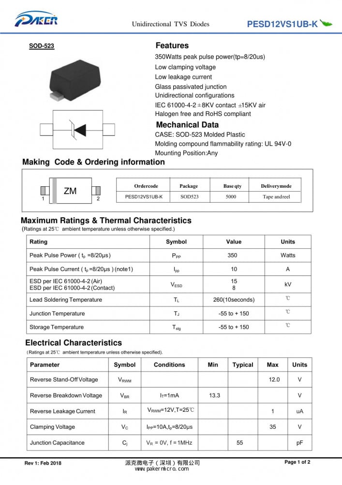 PESD12VS1UB-K datasheet page 1