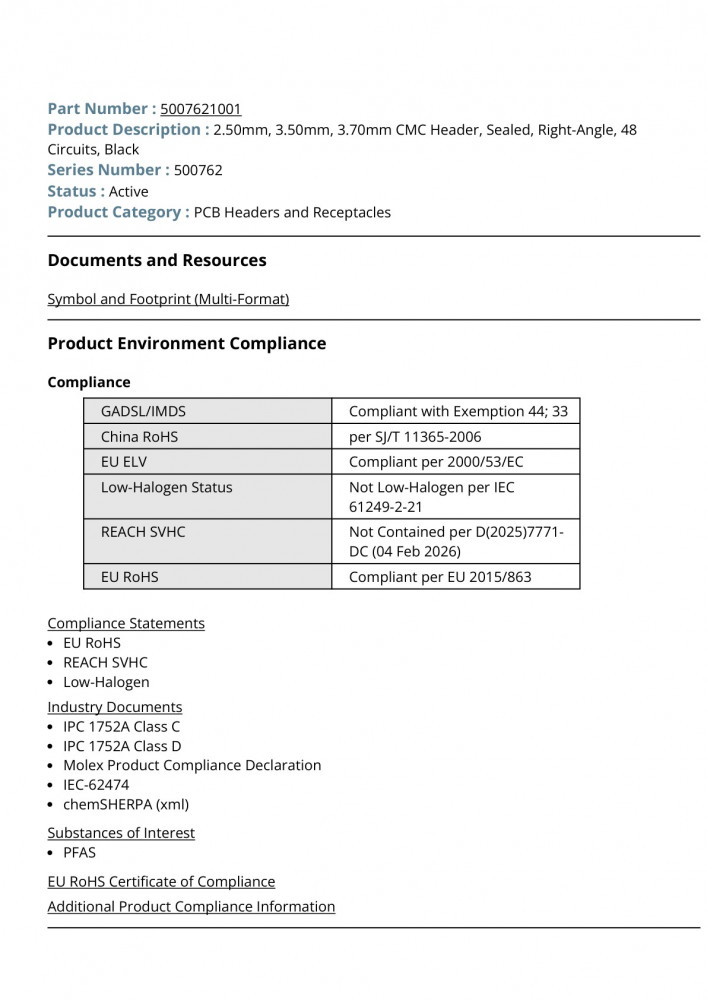 Technical document image 1 for MOLEX 5007621001