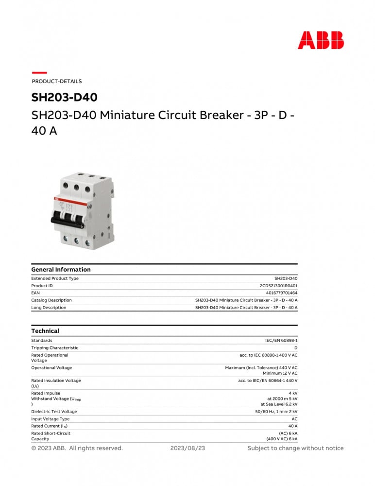 ABB SH203-D40 technical document page 1