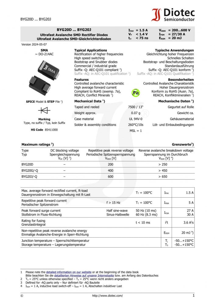DIOTEC BYG20J datasheet page 1