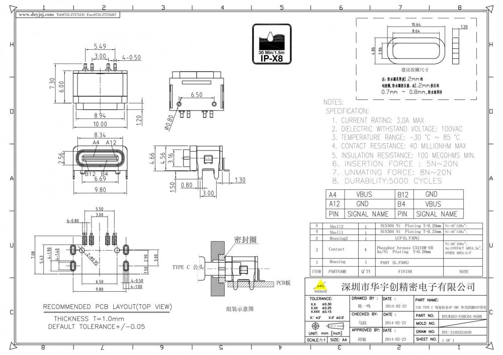 HOAUC HYCW263-USBC04-850B technical drawing