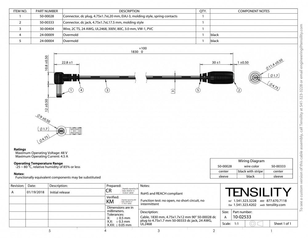 Technical drawing for Tensility International 10-02533 DC power cable assembly