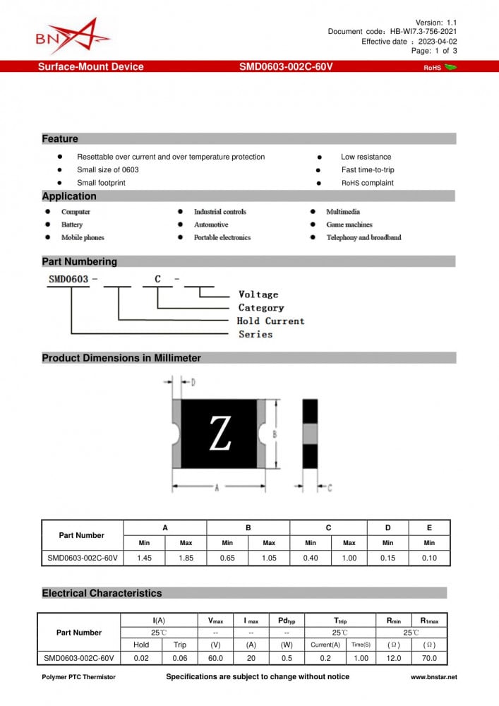 BNstar SMD0603-002C-60V datasheet page 1