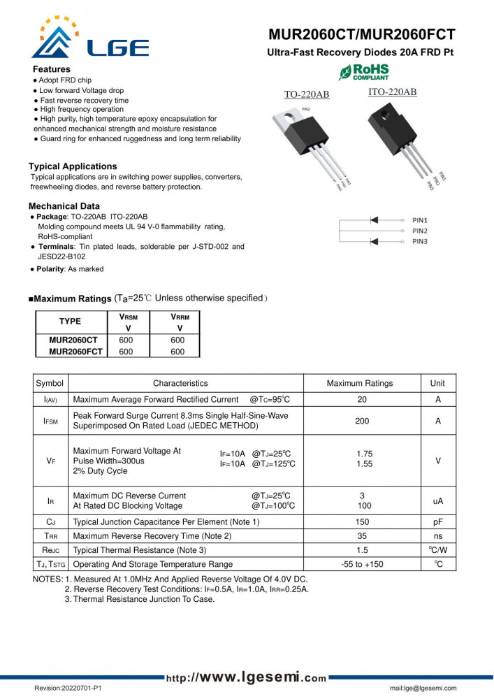 MUR2060FCT datasheet page 1