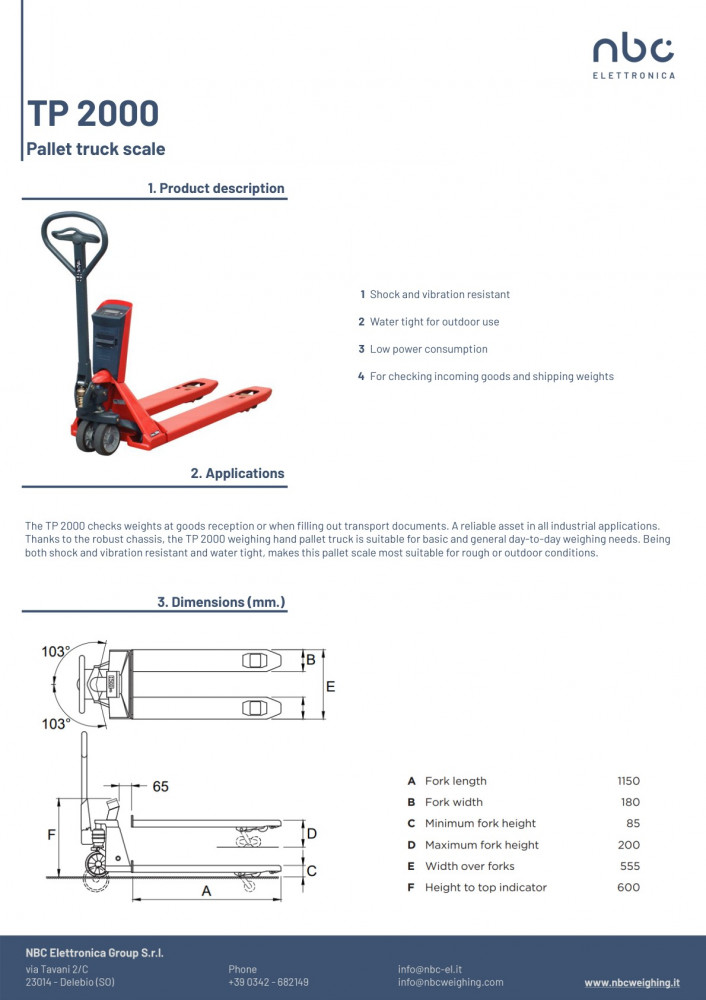 TP 2000 pallet truck scale product document, page 1