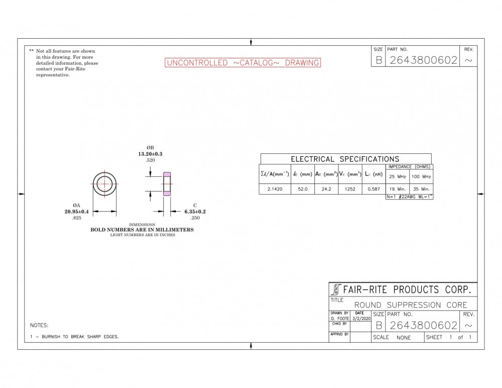 Fair-Rite 2643800602 technical specification document