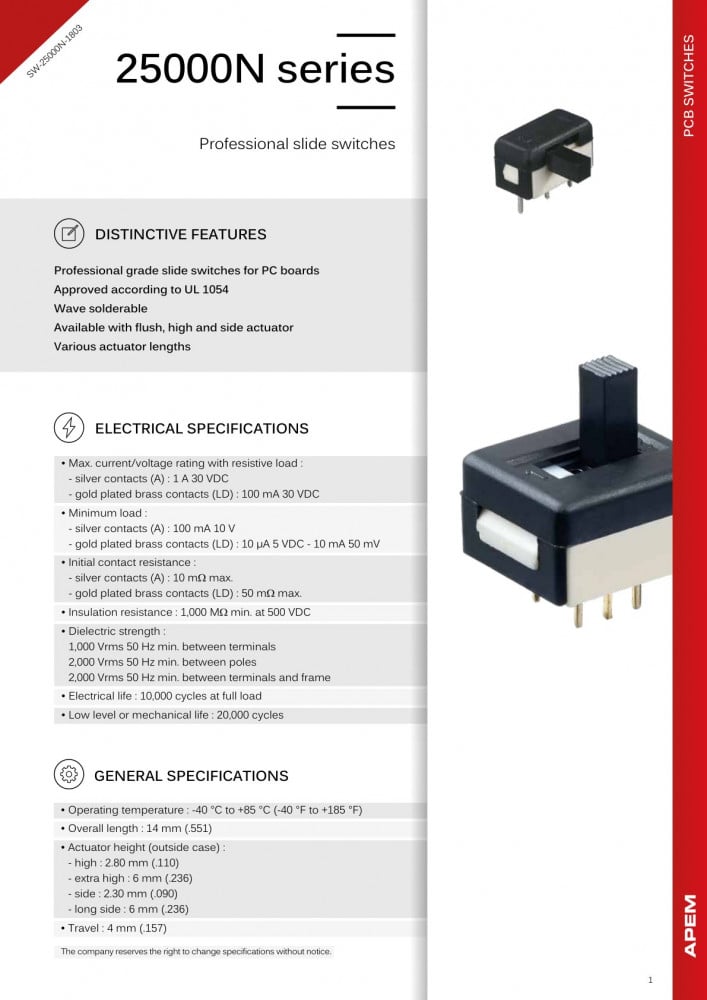 APEM 25000N series datasheet page 1