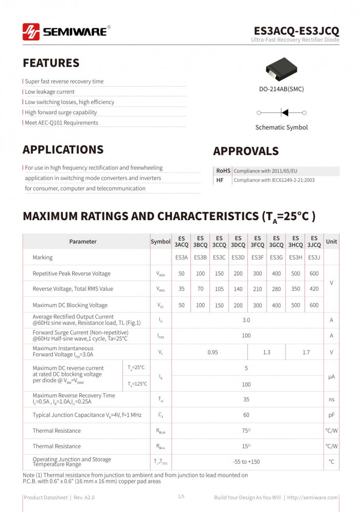 SEMIWARE ES3HCQ datasheet page 1