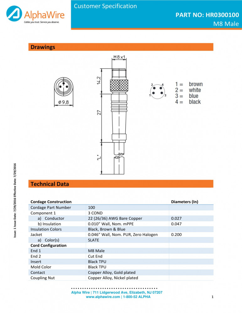 Alpha Wire HR0300100 SL401 technical drawing page 1