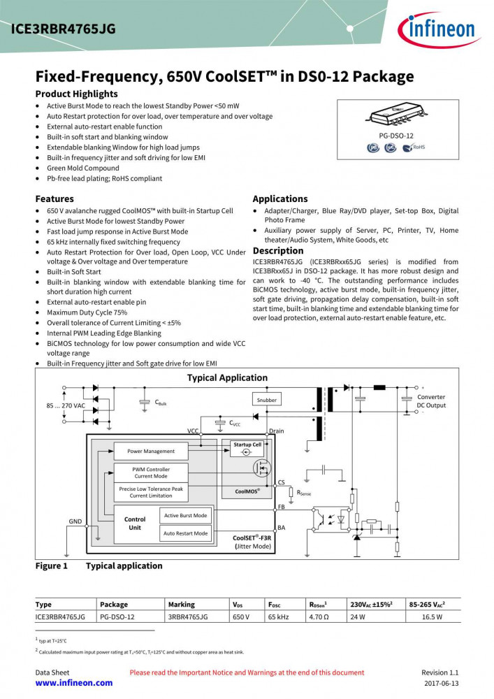 ICE3RBR4765JG datasheet page 1