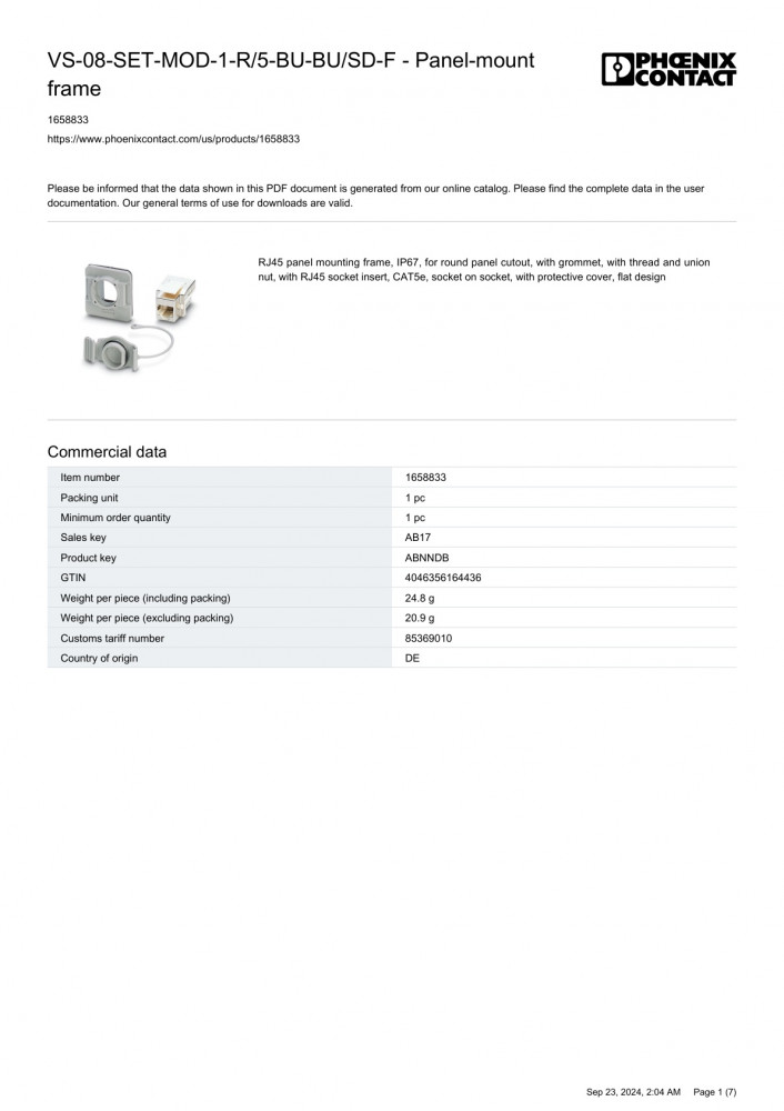 Phoenix Contact 1658833 technical document page 1