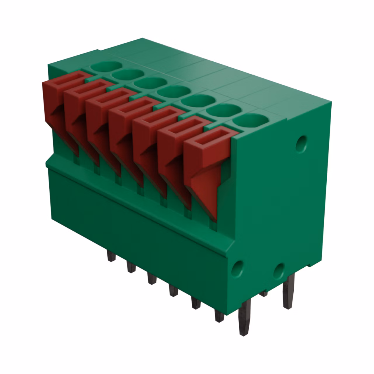 2.54mm Pitch, Eurostyle Fixed-Mount Push-Button Terminal Block, Vertical, 6A, 26-18 AWG, Green, 7 Circuits for sale