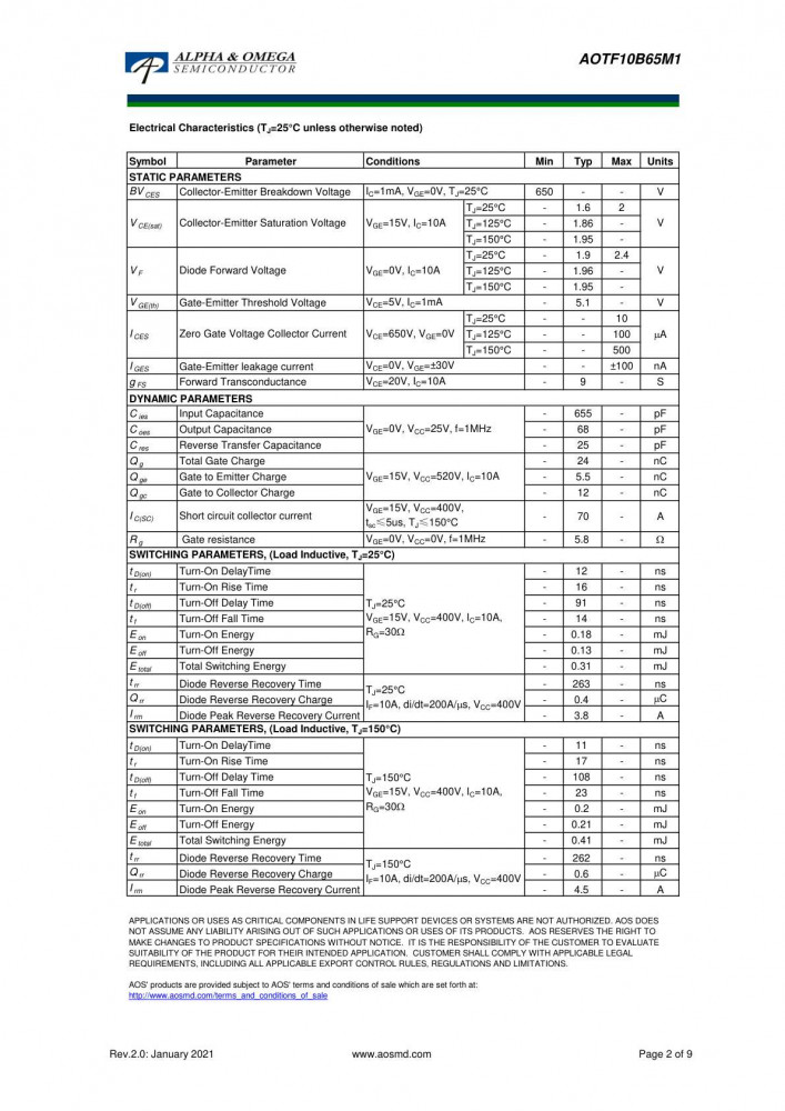 AOTF10B65M1 datasheet page 2