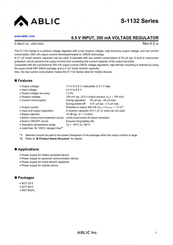 ABLIC S-1132 datasheet page 1