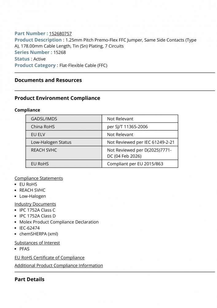 MOLEX 15268 product specification page 1