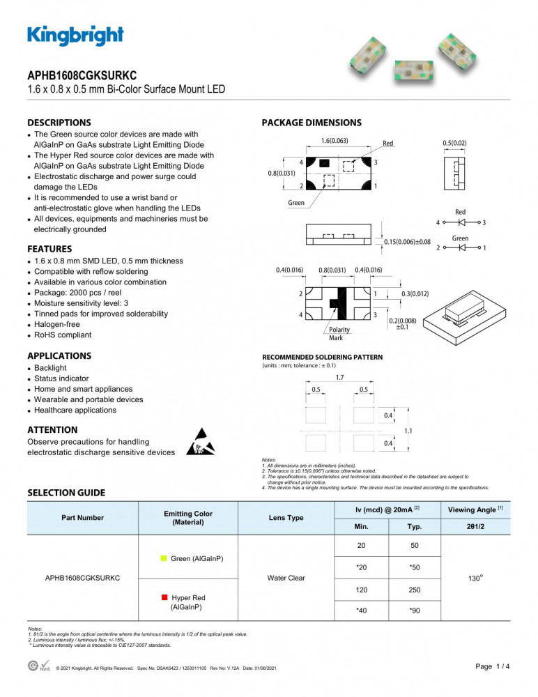 APHB1608CGKSURKC datasheet page 1