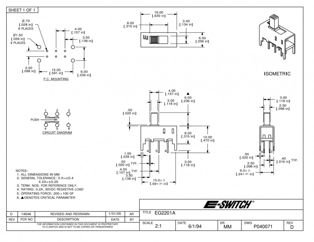 E-Switch EG2201A dimensional drawing
