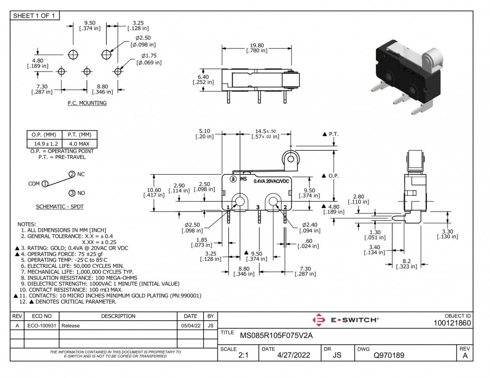 E-Switch MS085R105F075V2A technical drawing page