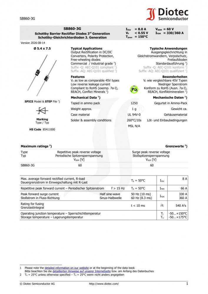 DIOTEC SB860-3G datasheet page 1