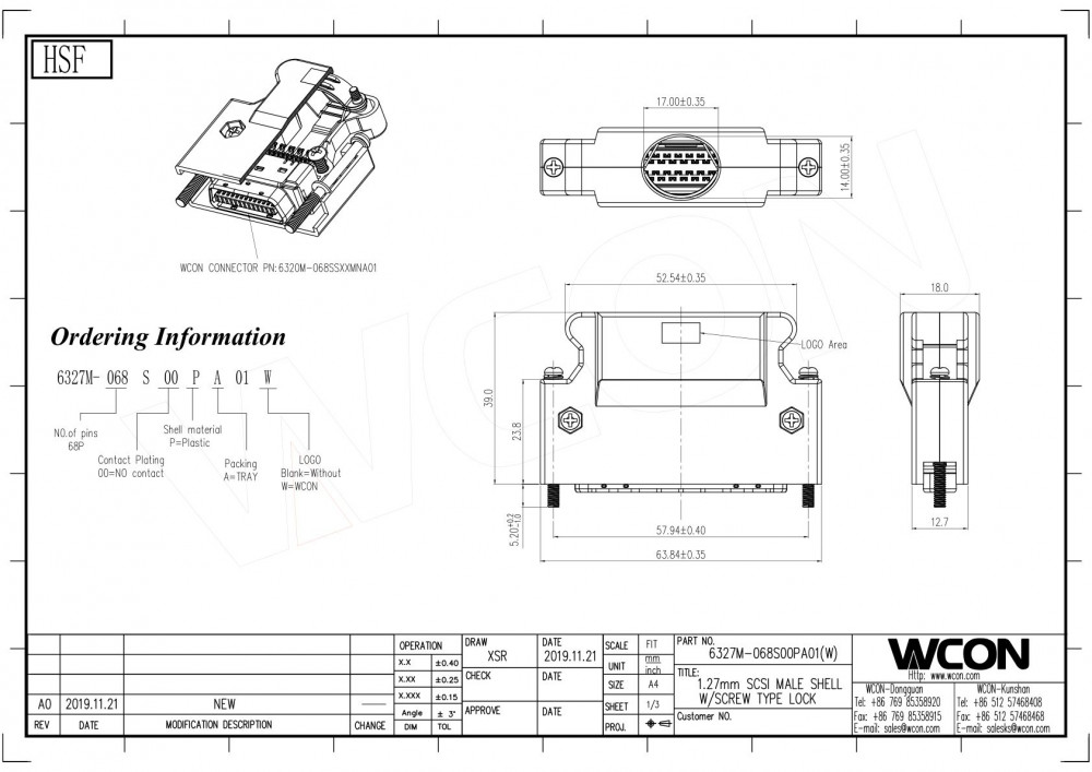 WCON 6327M-068S00PA01(W) technical drawing, sheet 1 of 3
