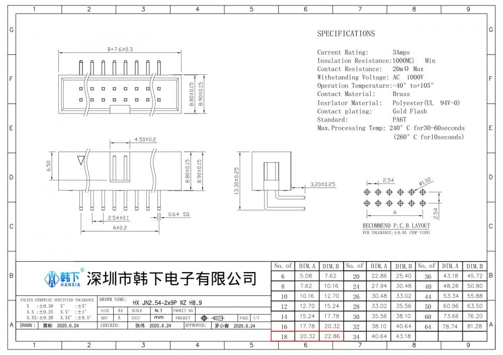 HX JN2.54-2x9P WZ H8.9 technical drawing preview