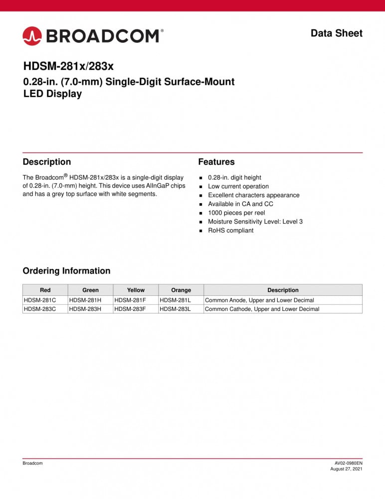HDSM-281L datasheet page 1