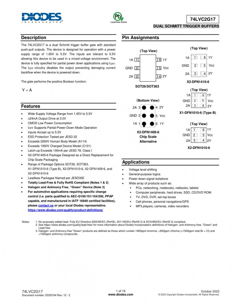 74LVC2G17FZ4-7 datasheet page 1