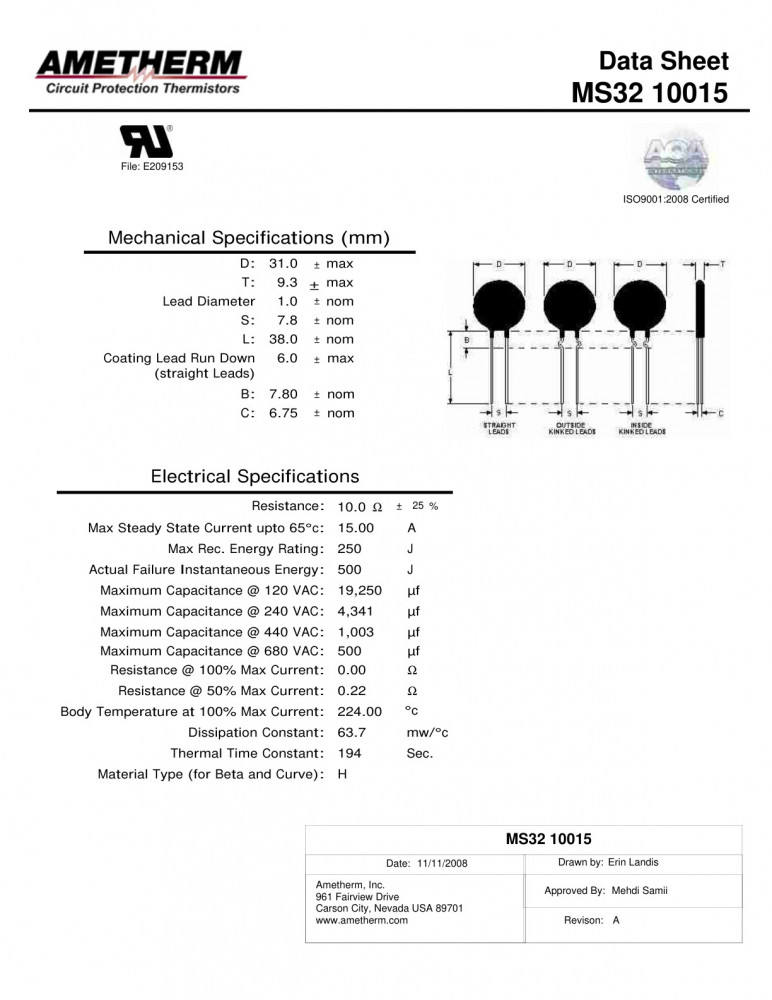 Ametherm MS32 10015 technical datasheet image