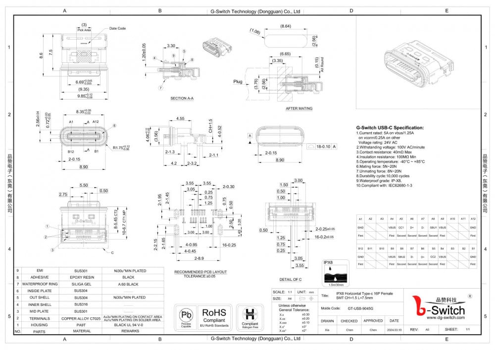 GT-USB-9045G technical document page