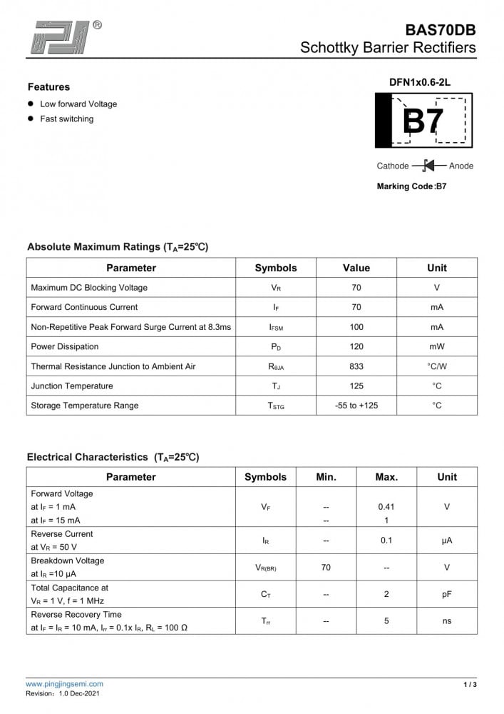 BAS70DB datasheet page 1