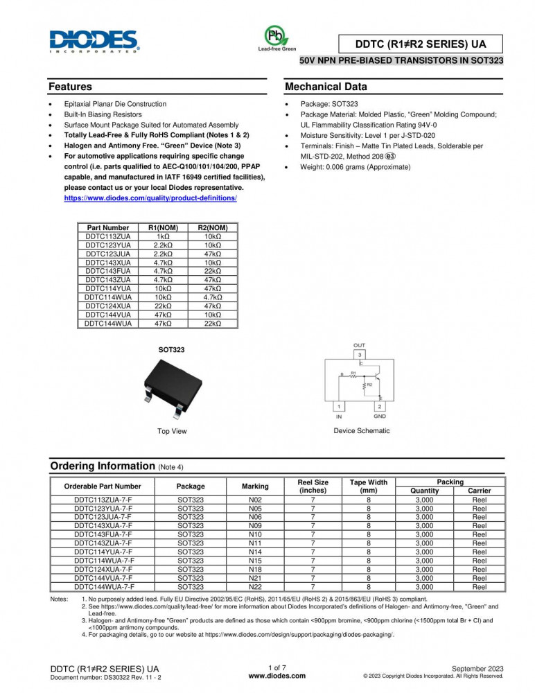 DDTC114YUA-7-F datasheet page 1