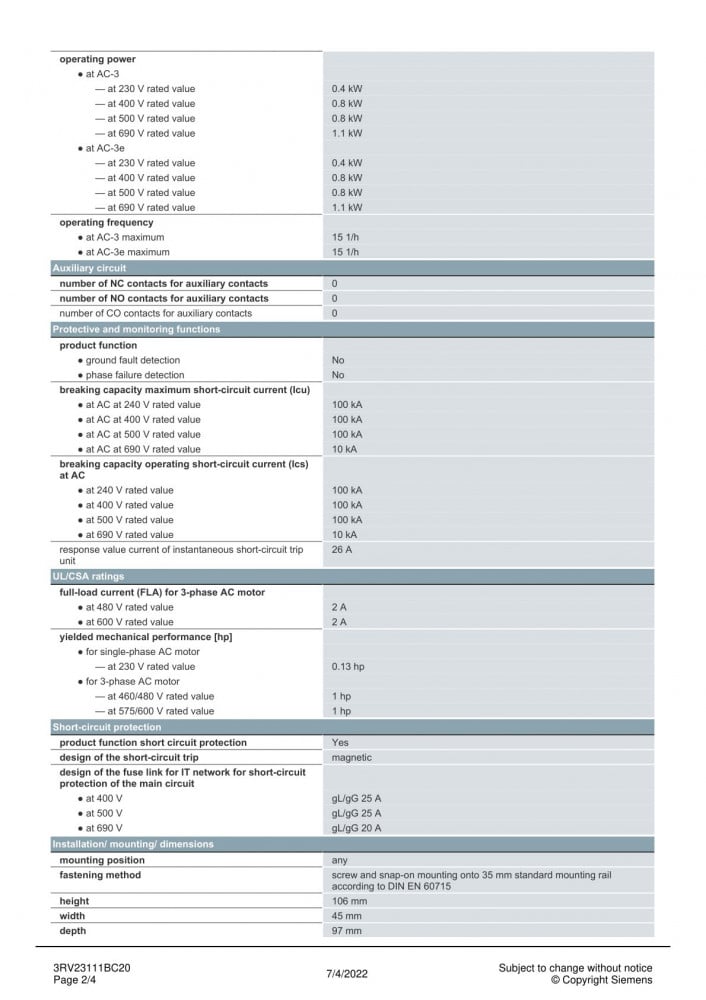 3RV23111BC20 technical document page 2