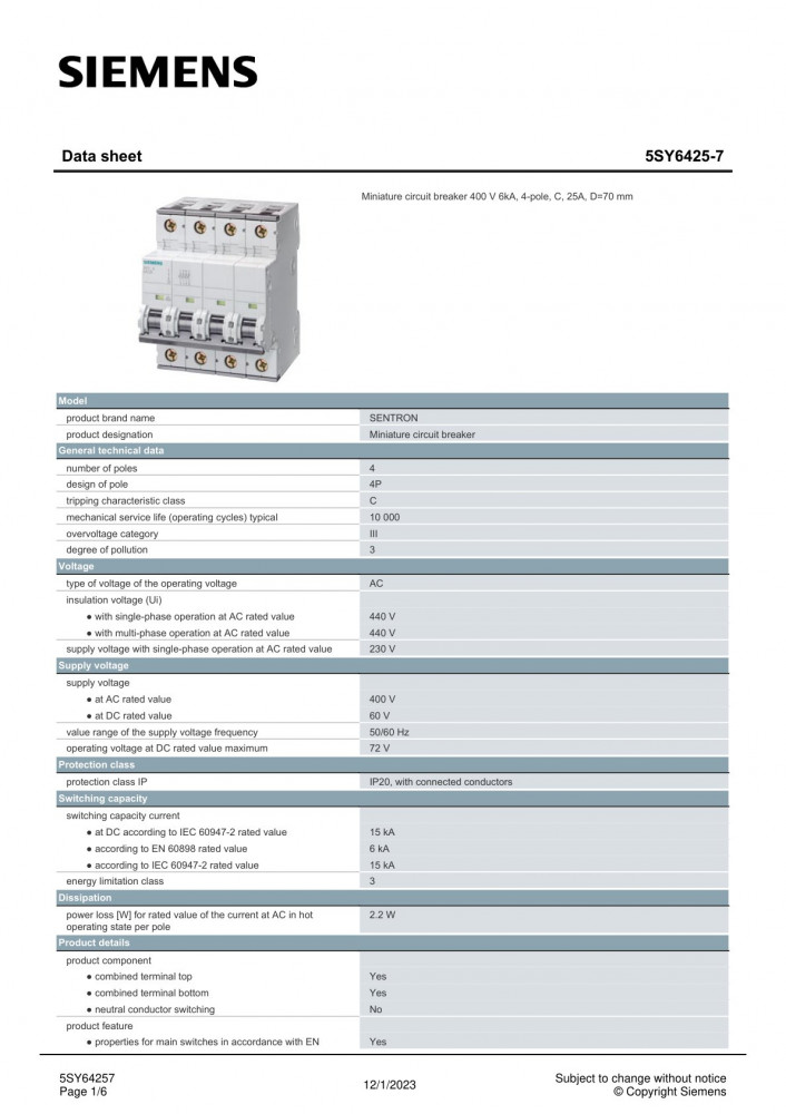 5SY6425-7CC technical document page 1
