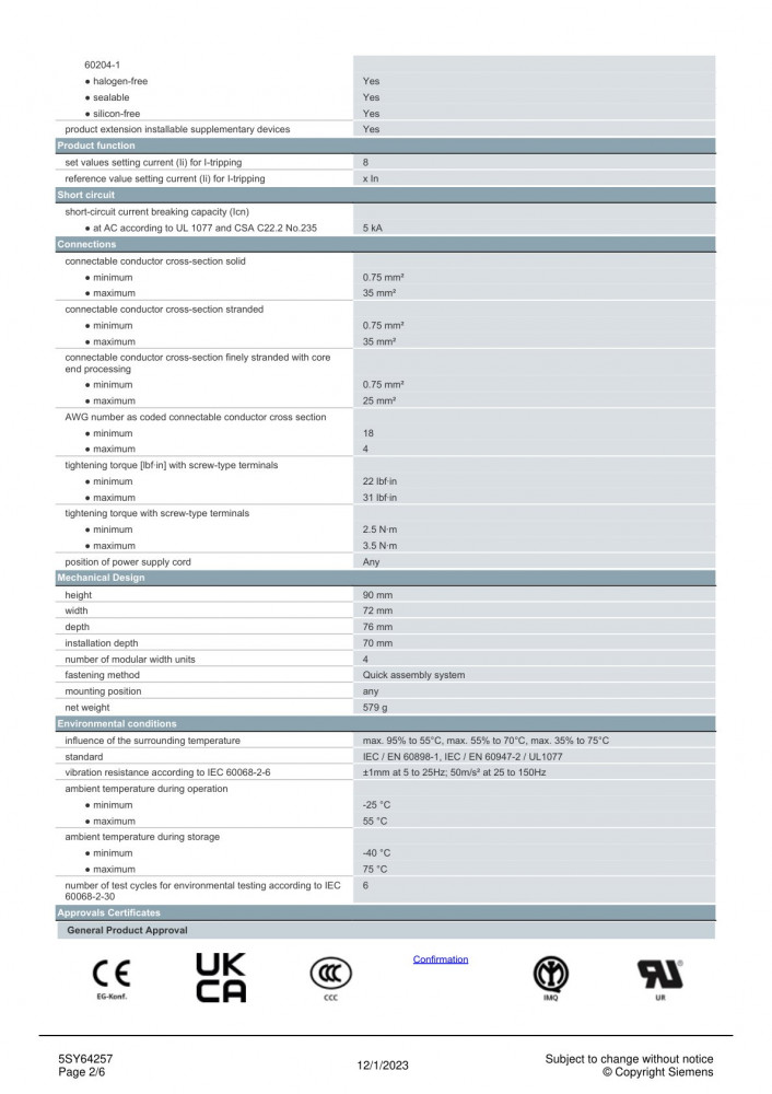 5SY6425-7CC technical document page 2