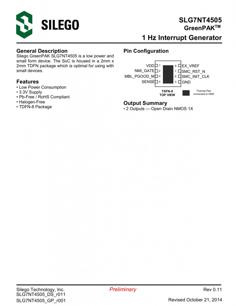 SLG7NT4505VTR datasheet page 1