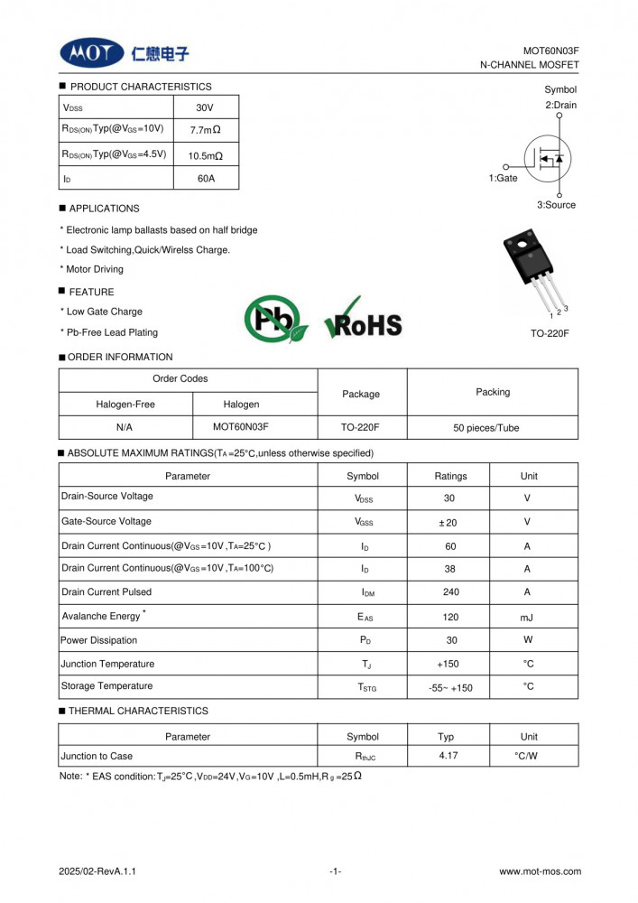 MOT60N03F datasheet page 1