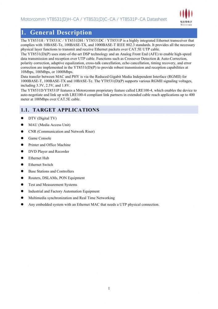 Motorcomm YT8531H-CA datasheet page 10
