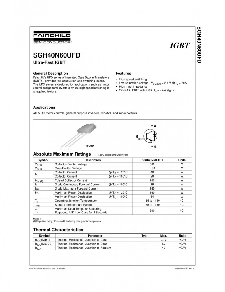 SGH40N60UFDTU datasheet page 1