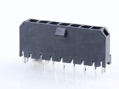 Micro-Fit 3.0 Vertical Header, 3.00mm Pitch, Single Row, 9 Circuits, with PCB Press-fit Metal Retention Clip, 0.38µm Gold Plating, Glow-Wire Capable, Black