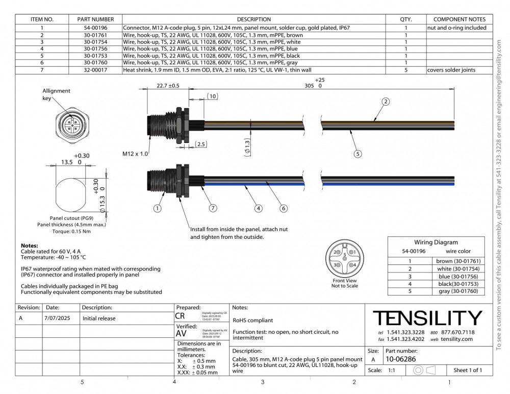 Tensility International 10-06286 product drawing, dimensions, and wiring information
