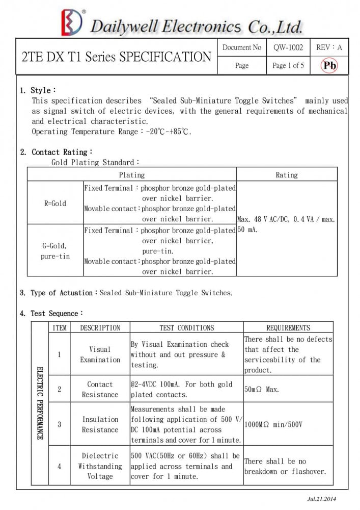 Dailywell 2TE DX T1 specification page 1