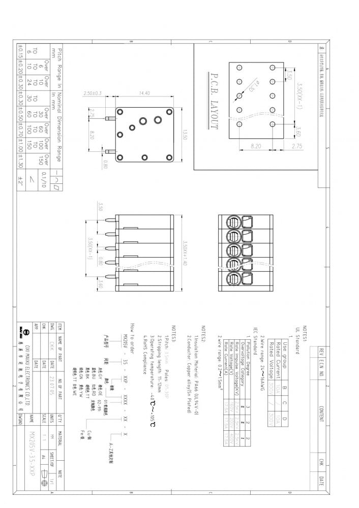 MX205V terminal block technical drawing preview