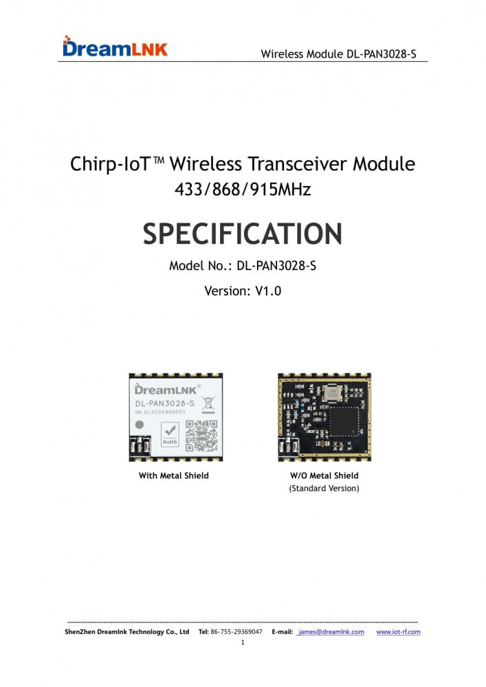 DL-PAN3028-S datasheet page 1